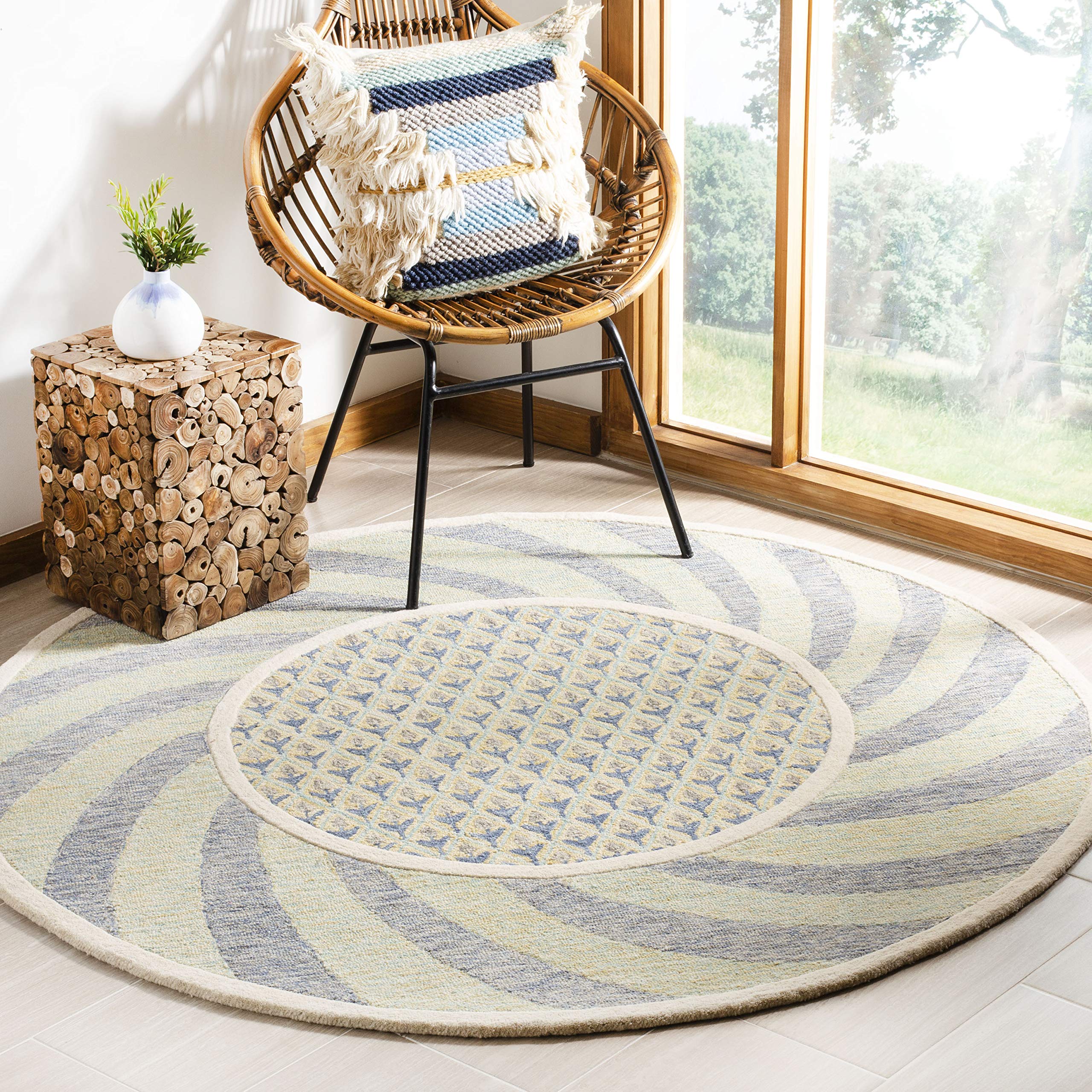 SAFAVIEH Novelty Collection 5' Round Ivory Blue/Gold NOV108D Handmade Premium Wool Area Rug