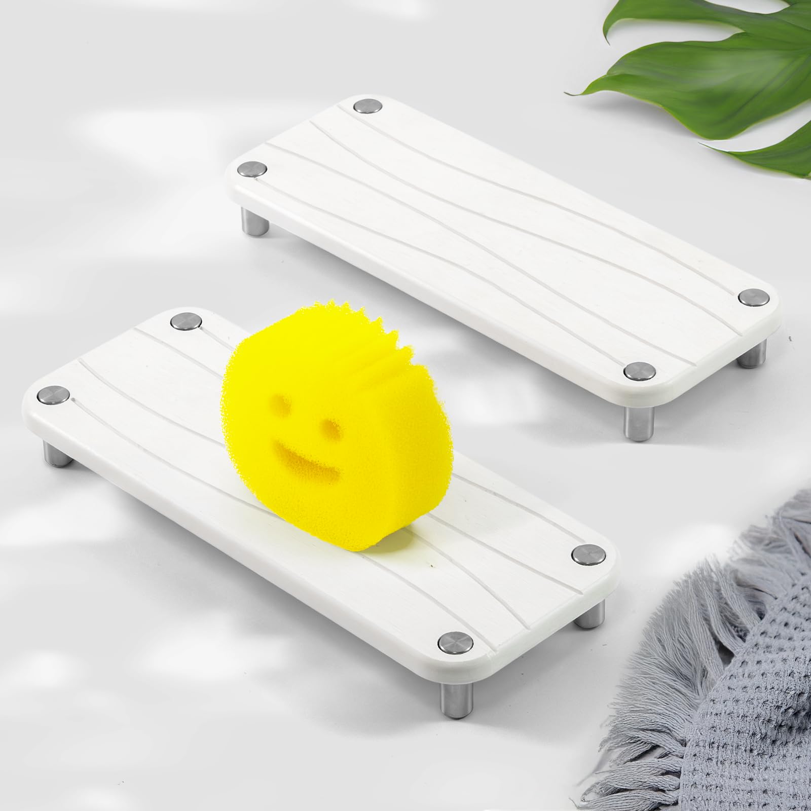 Plentio 2PCS Longer Water Absorbing Stone Tray for Sink, Quick Drying Stone Sink Tray, Diatomite Sponge Holder & Soap Dish for Counter, Instant Dry Sink Caddy Kitchen Sink Organizer, White