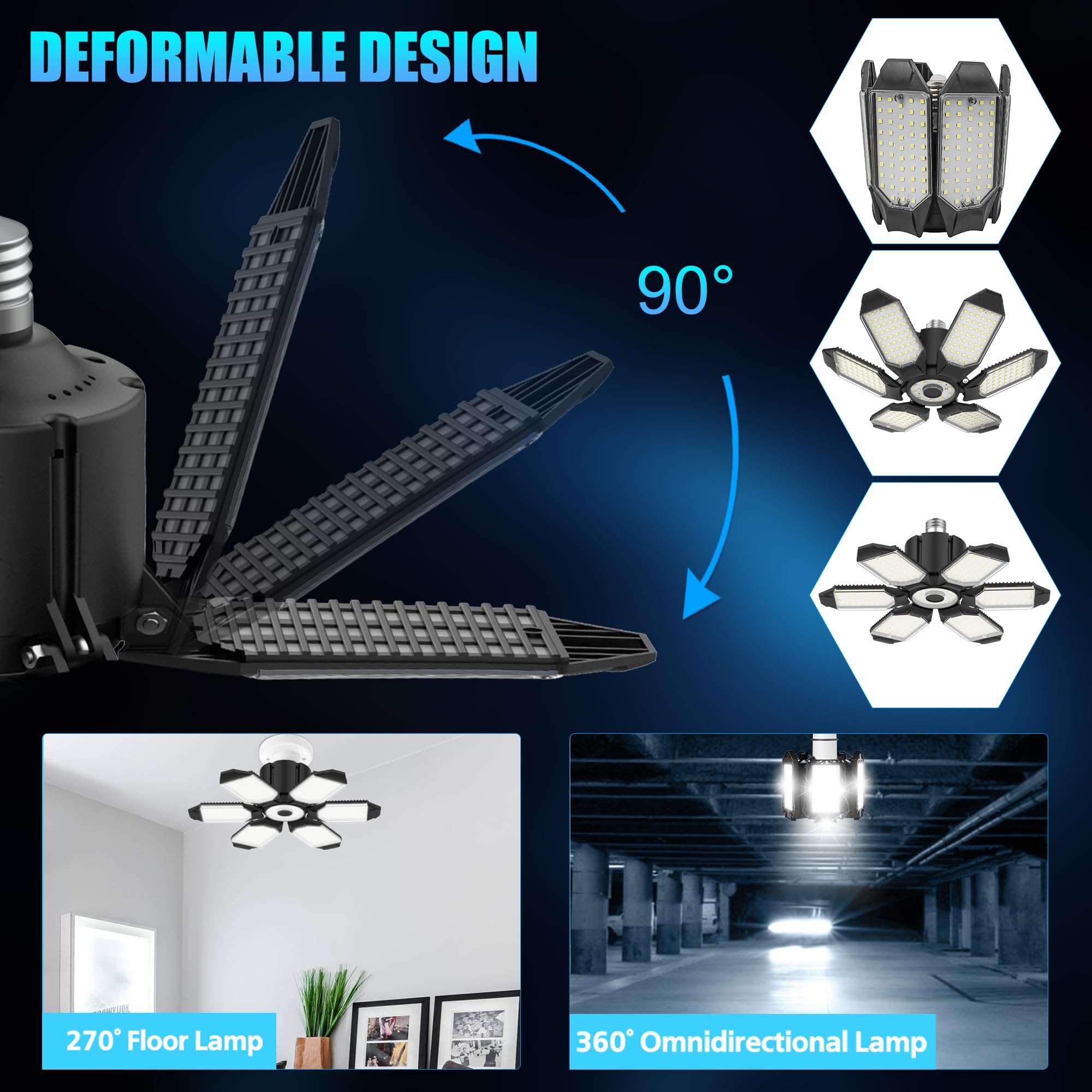 LED Garage Ceiling Light 150W 15000LM Super Bright Light Bulbs with 6 Adjustable Panels E26/E27 Screw in LED Shop Lights Deformable Garage Lighting for Workshop, Warehouse, Basement -2 Pack