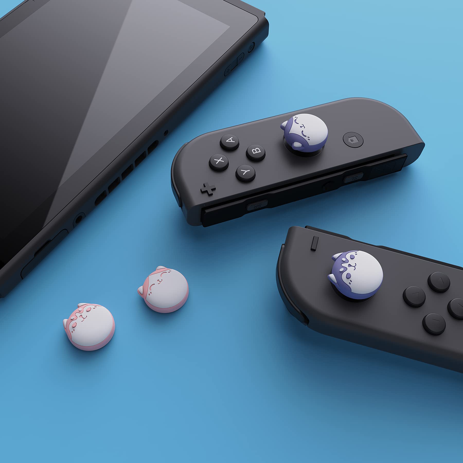 eXtremeRate PlayVital Husky & Kitty Cute Switch Thumb Grip Caps, Joystick Caps for Nintendo Switch Lite, Silicone Analog Cover Thumbstick Grips for Switch OLED Joycon - Pale Red & Light Violet