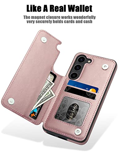 MMHUO for Samsung Galaxy S23 Case with Card Holder,Flower Magnetic Back Flip Case for Samsung Galaxy S23 Wallet Case for Women,Protective Case Phone Case for Samsung Galaxy S23 5G (2023),Rose Gold