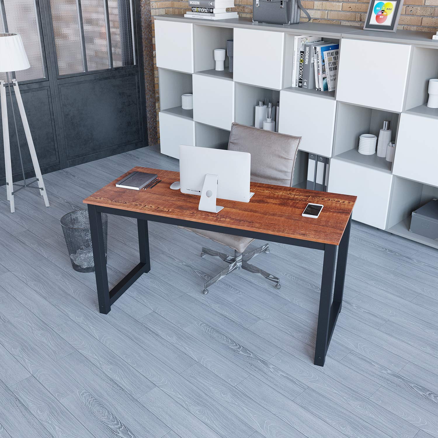 FSTAR 55" Writing Desk with Bar Sturdy Home Office Desk Modern Simple Design Computer Desk Writing Table for Home Office Large Space Workstation Metal Frame (55", Sandalwood)