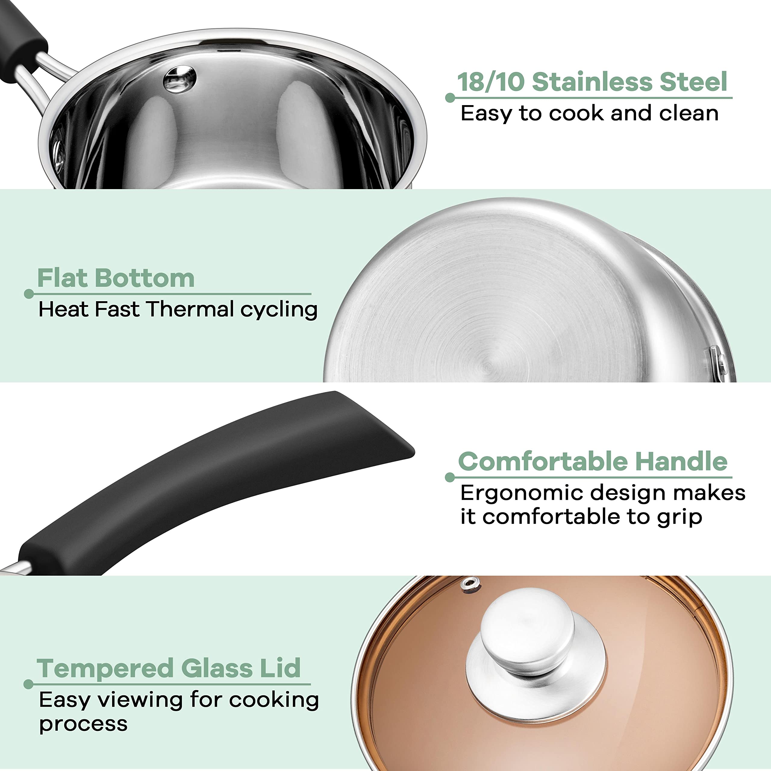 Herogo 1 Quart Saucepan with Lid, 18/10 Stainless Steel Nonstick Small Sauce Pan Pot, 1Qt Saucepan for Gas Electric Stove Top Camping, Healthy & Rust Free