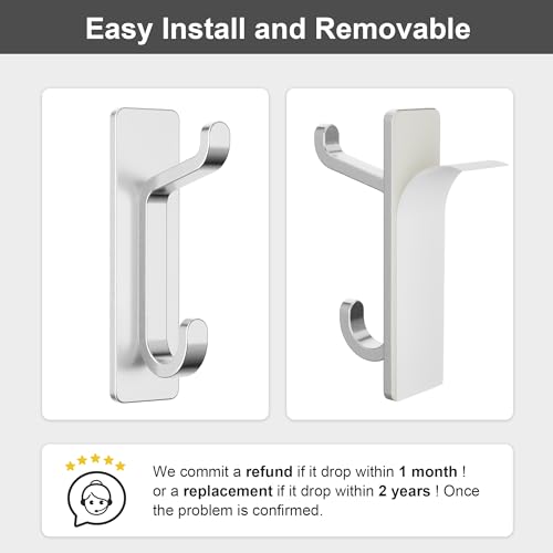 pickpiff Adhesive Coat Hooks, Extra Sticky Waterproof Metal Hook for Hanging Towels, Wreath, Purse, Hat, Cloth, Wall Mounted Hanger for Shower Bathroom Kitchen Door Heavy Duty, Silver, 4 Pack