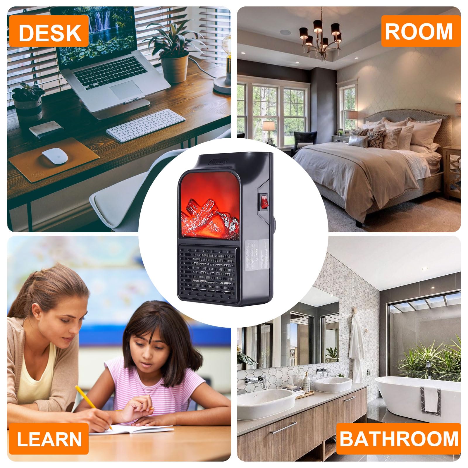 Plug in Heater for Indoor Use, 800W Ecoheat Small Space Heater with PTC Ceramic Heating Element Adjustable Thermostat Wall Outlet Electric Heater for Office, Bedroom, and Bathroom