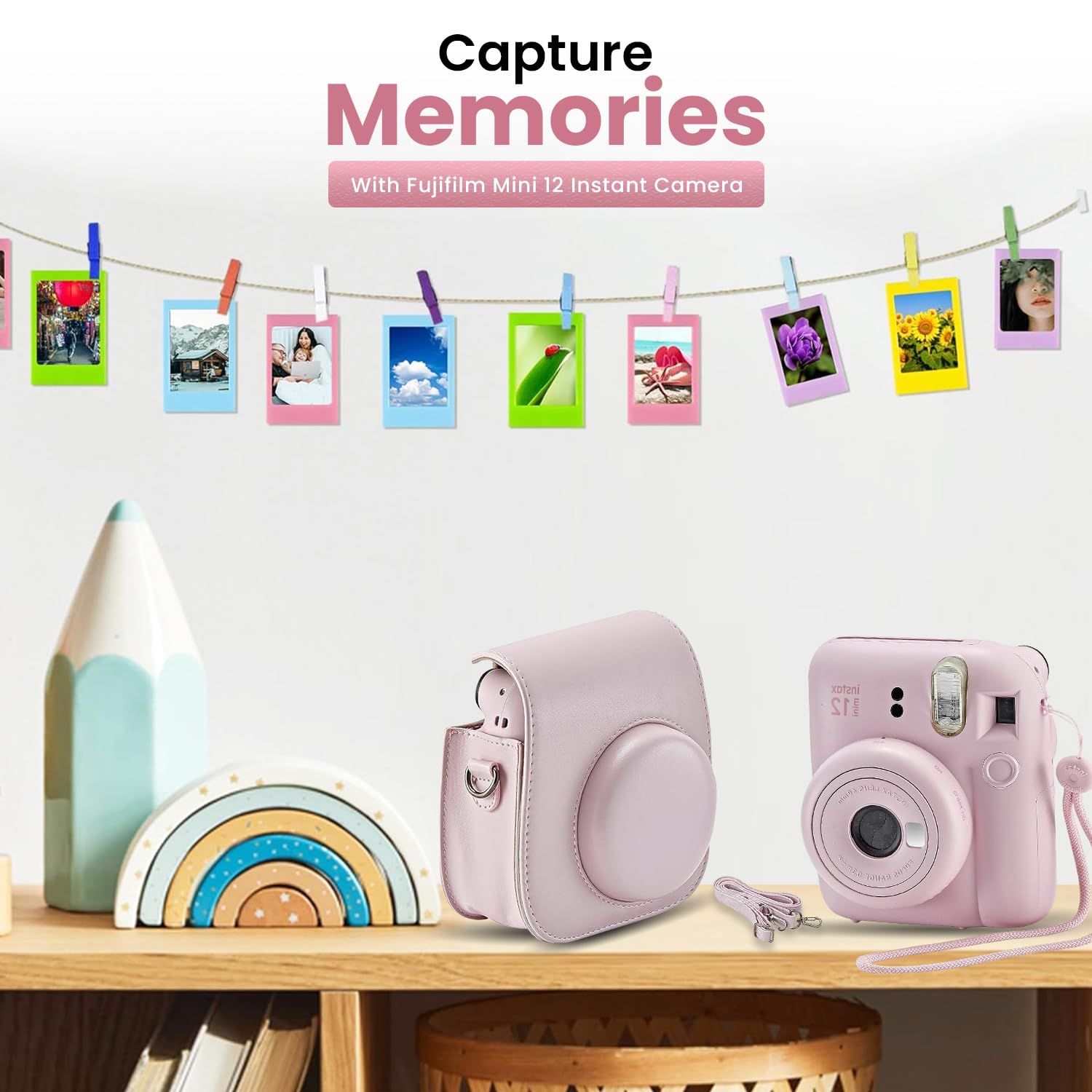 Fujifilm Instax Mini 12 Instant Camera Clay White MiniMate Accessory Bundle & Compatible Custom Case + Fuji Instax Film Value Pack (50 Sheets) Designer Photo Album (Clay White)
