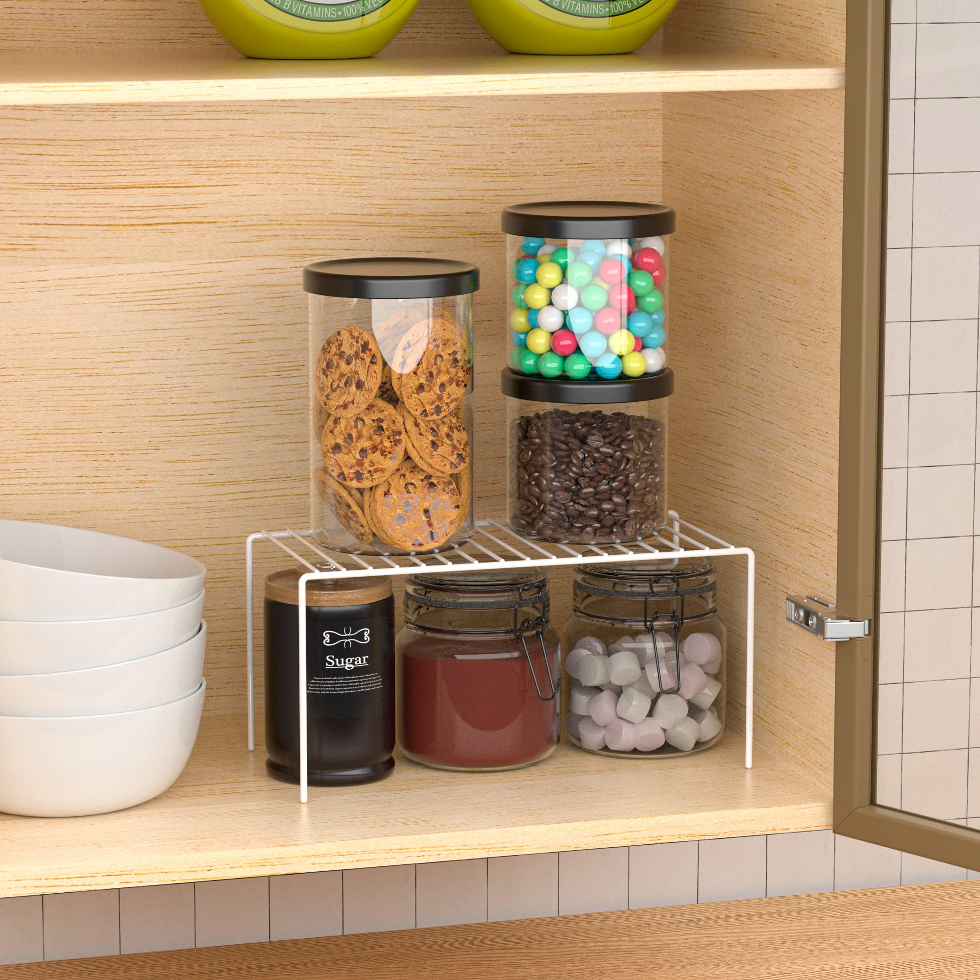 GEDLIRE Mini Kitchen Cabinet Shelf Organizers Set of 2, Small White Wire Storage Shelves Rack for Pantry, Metal Dish Plate Organizer Rack for Cabinet, Cupboard, Kitchen Organizers and Storage