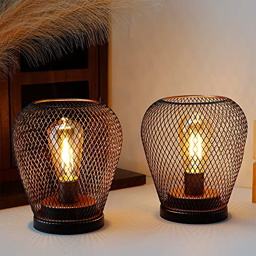 JHY DESIGN Set of 2 Metal Cage LED Lantern Battery Powered,Cordless Accent Light with LED Edsion Style Bulb.Great for Weddings,Parties,Patio,Events for Indoors Outdoors（Diamond Shape)