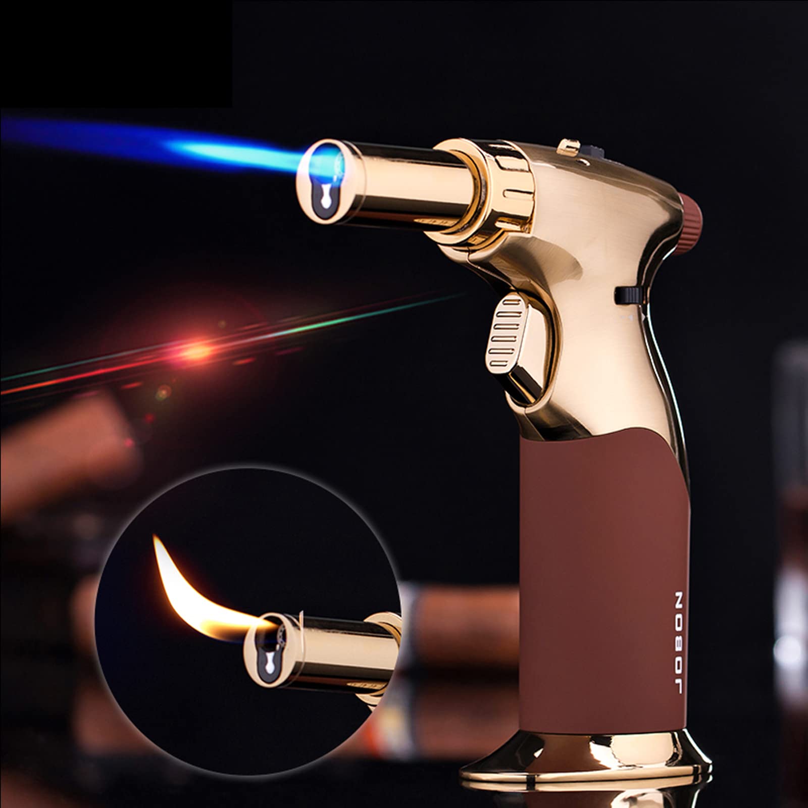 JOBON Torch Lighter, Double Flames Refillable Culinary Lighter with Continuous Flame Lock and Adjustable Flame for Kitchen, BBQ, Baking, Creme Brulee (Butane Gas Not Included) (Black Brushed - Black)