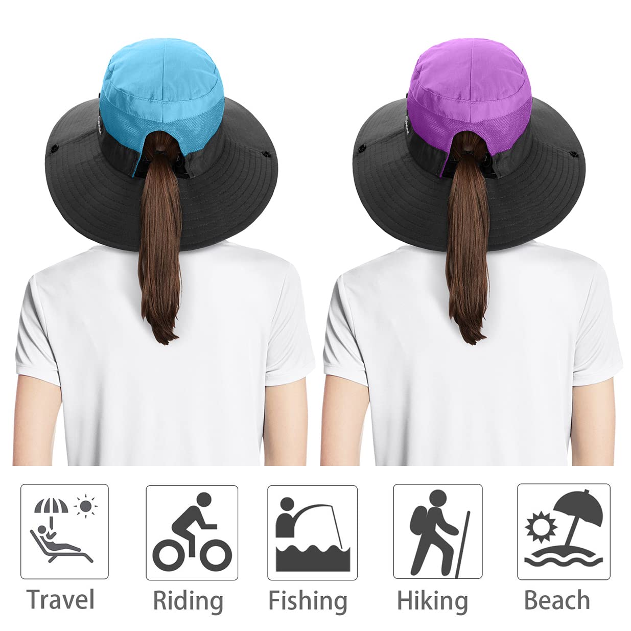 IYEBRAO 2 Pack Womens Ponytail Sun Hat UV Protection Bucket Hats Foldable Wide Brim Summer Boonie Beach Cap Fishing Hiking(Purple & Sky Blue)