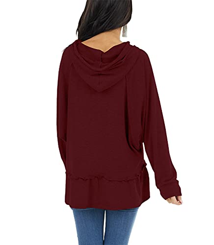 For G and PL Women Loose Ruffled Hem Raglan Hoody Long Sleeve Babydoll Solid Tiered Sweatshirt with Pocket Maroon XXL