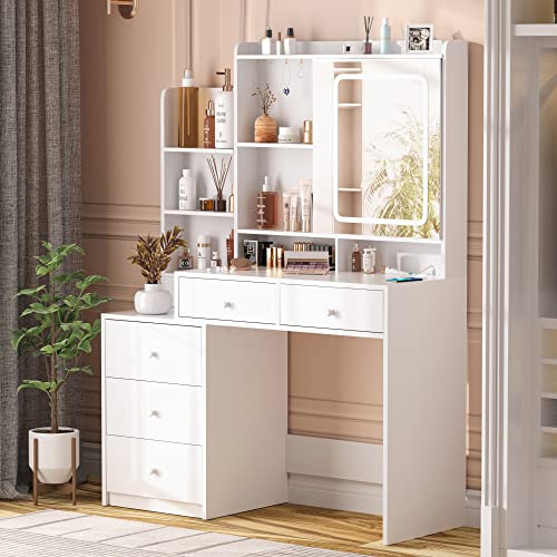 Vabches Vanity Desk with Mirror and Lights,Makeup Vanity with 6 Drawers and Shelves,Vanity Table with Power Outlet,Makeup Desk with Led Lighted Mirror in 3 Colors,for Bedroom,White
