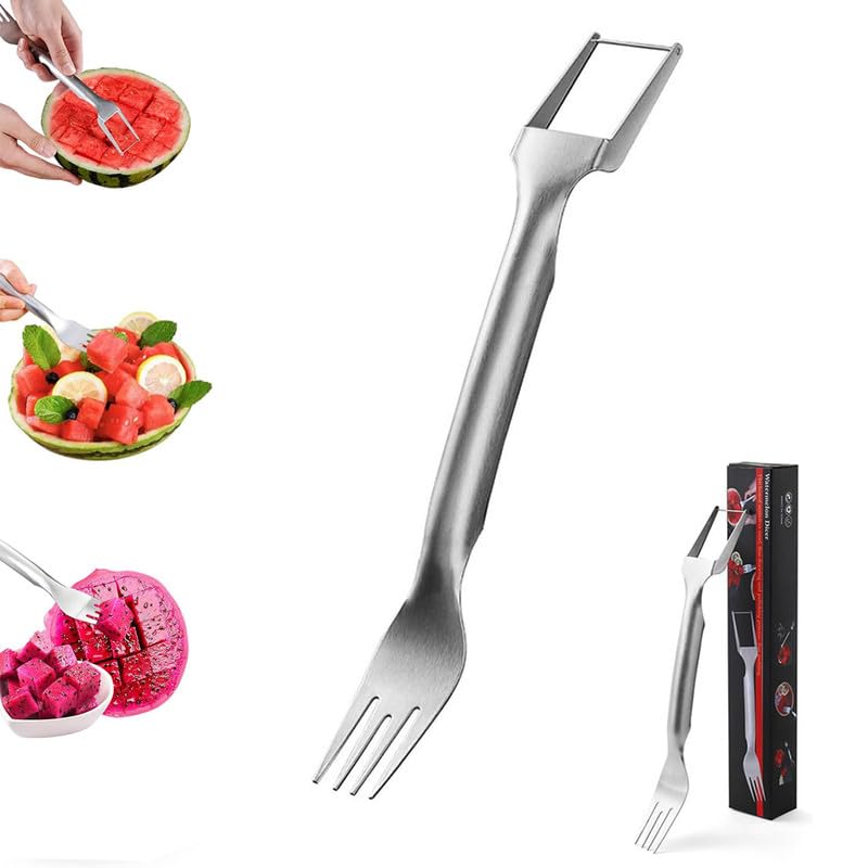 Lmuwecno 2-in-1 Stainless Steel Fruit Cutter, Watermelon Slicer Cutter, Watermelon Fork Slicer Cutter Slicer Tool, Dual Head Fruit Forks Slicer Knife for Home Kitchen Gadget, Silver