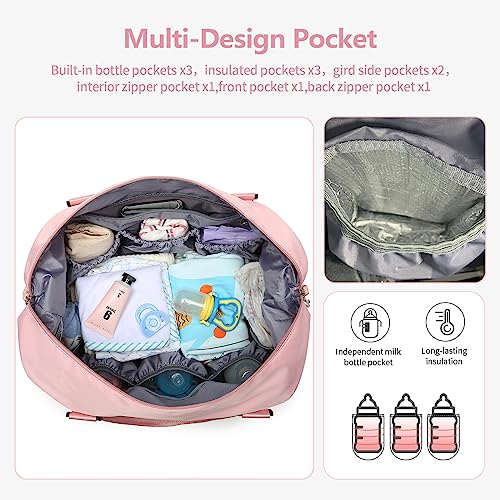 GITIBAB Large Diaper Bag Tote with Changing Pad and Cosmetic Bag,Mommy Bag for Hospital and Travel, Pink