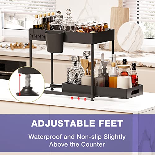 NYYTGE Under Sink Organizer Under Bathroom Cabinet Storage 2 Tier Storage Rack with 4 Hooks, Under Cabinet Organizer Baskets, Multi-purpose Under Sink Shelf Organizer for Bathroom Kitchen