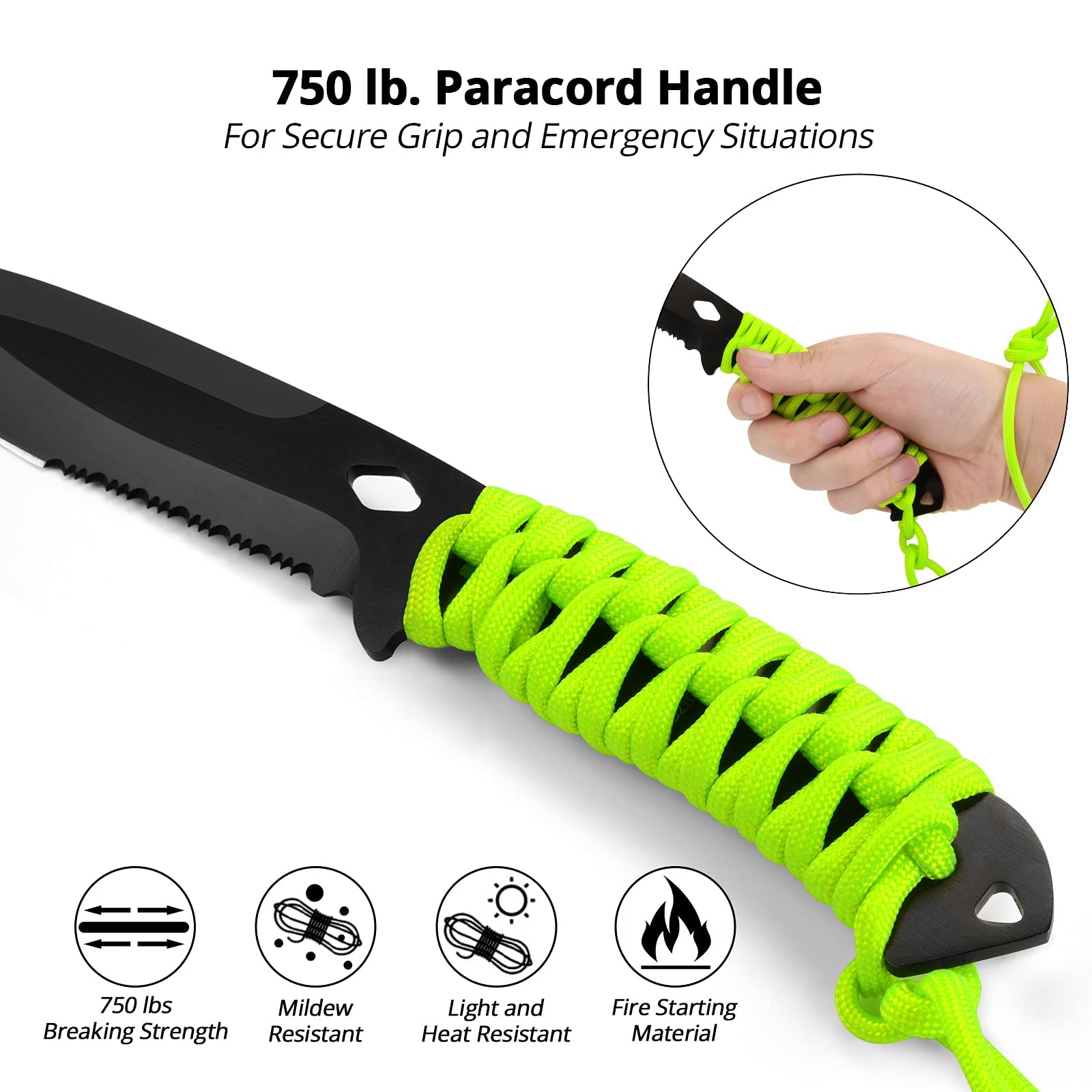 Extremus Bushcraft Survival Hunting Camping Knife with Serrated Edge, Fixed Blade with Cordura Sheath, 750 lb. Rated Paracord Handles, Includes Magnesium Fire Starter/Whistle, 5-Inch