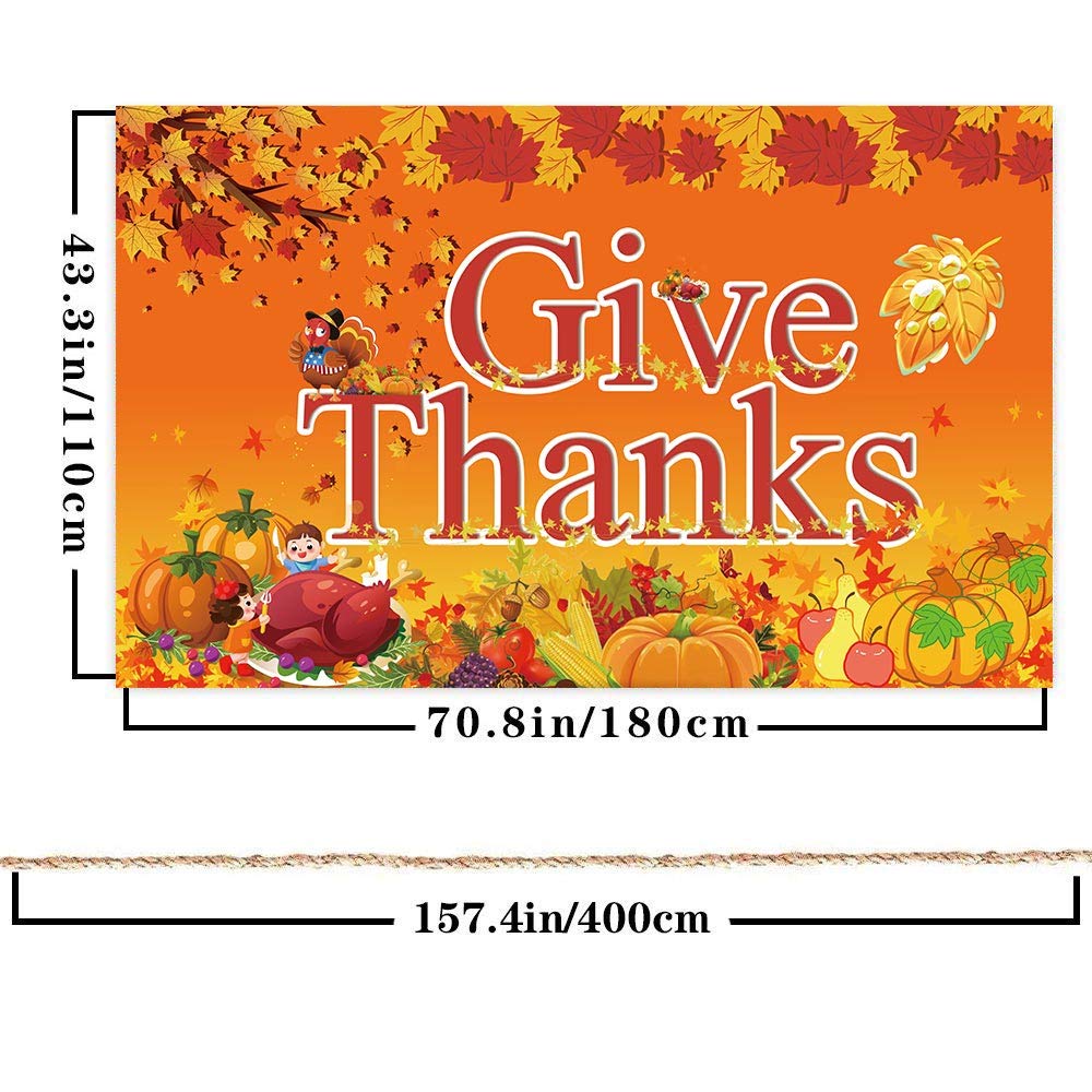GIVE Thanks Extra Large Fabric Sign Poster Banner Backdrop for Thanksgiving Day Party Decorations with Pattern Pumpkin Maple Leaf Turkey Corn Fruit Welcome Autumn Hang Outdoor Indoor 43.3"x70.8"