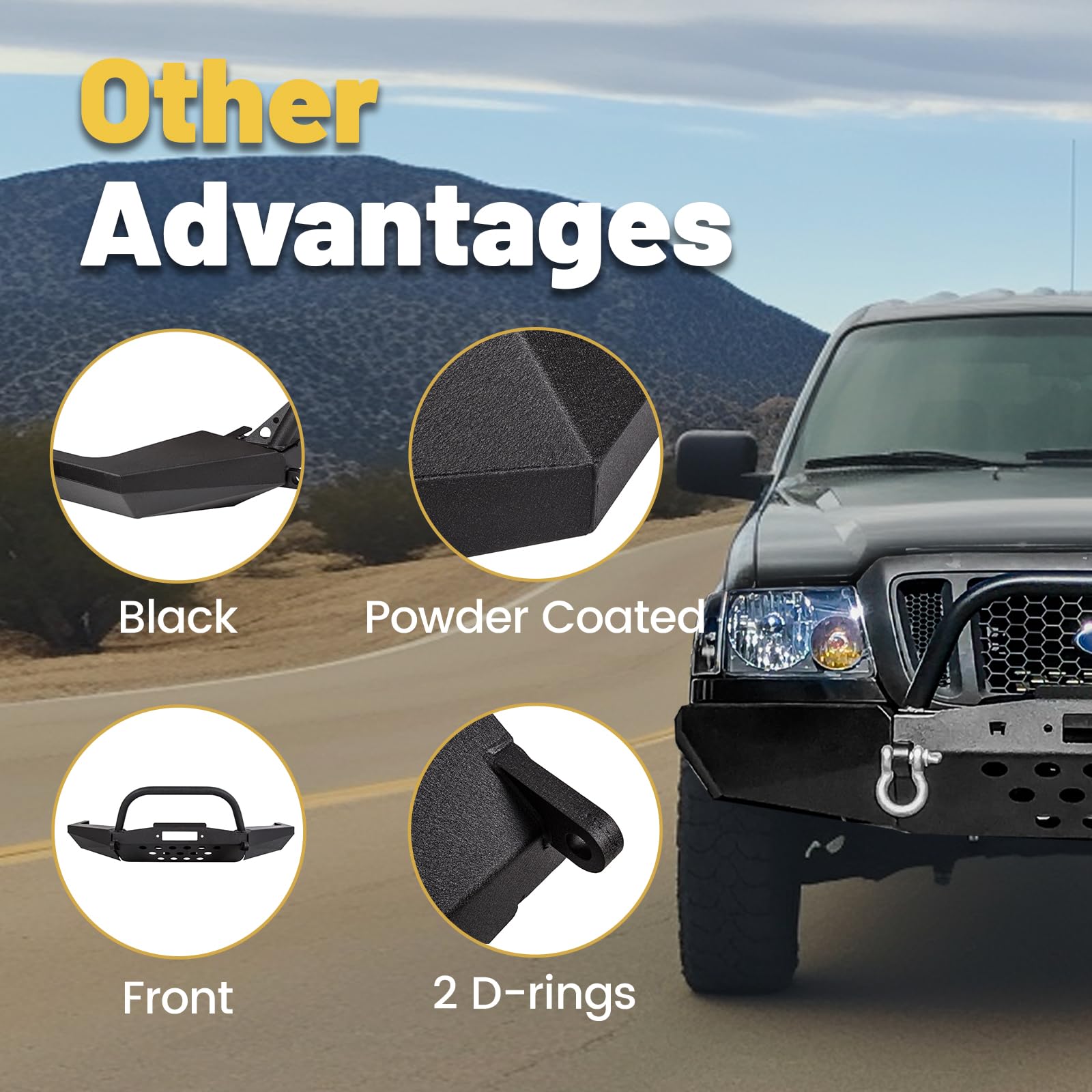 ECOTRIC Front Bumper Compatible with 1998-2011 Ford Ranger W/Winch Plate Bull Bar D-Ring Mounts Bumper Assembly Steel Powder Coated Black