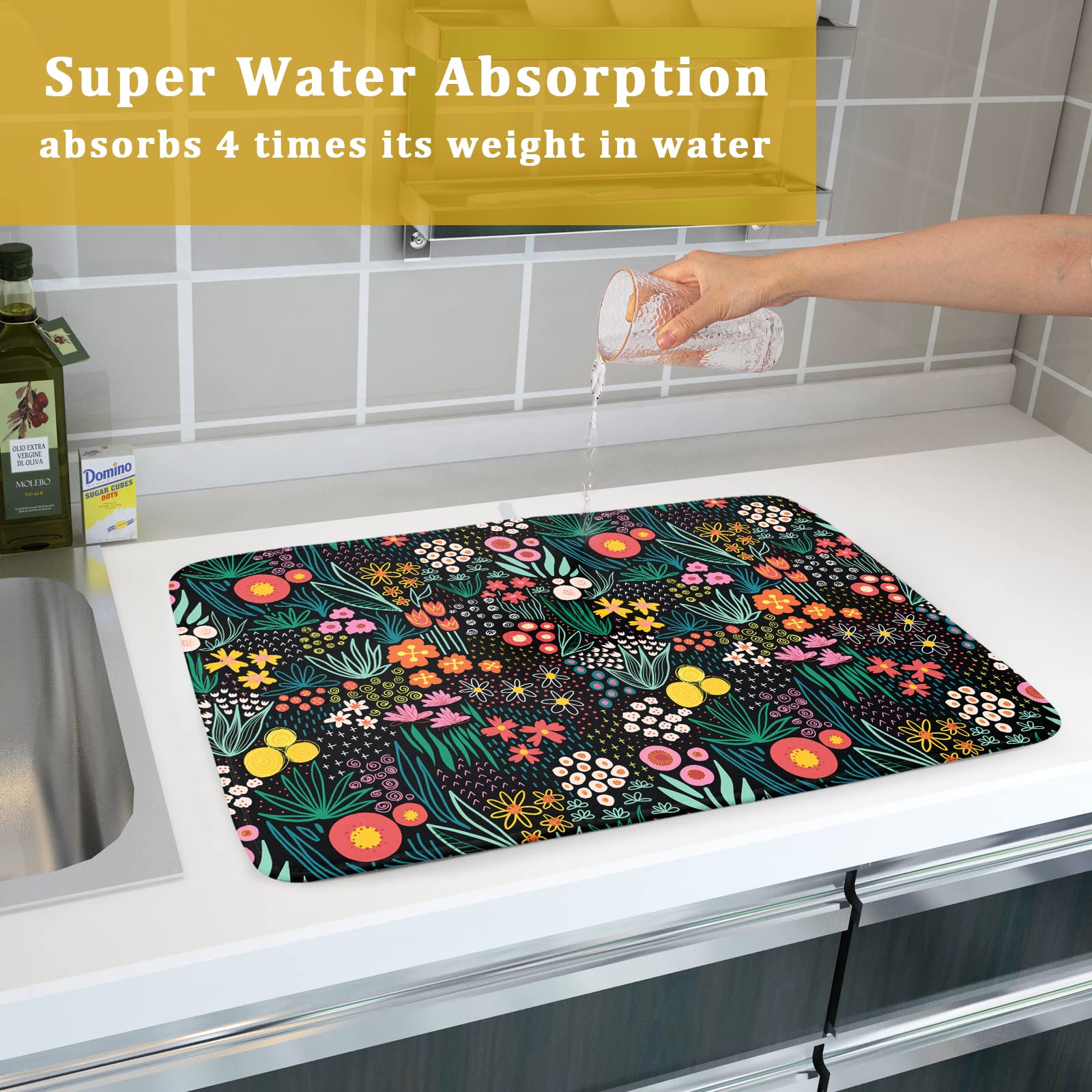Giwawa Colorful Flowers Dish Drying Mats for Kitchen Counter 18 X 24 Inch Spring Floral Microfiber Dish Mat, Reversible Dish Drainer Mats Countertops Protector Pad