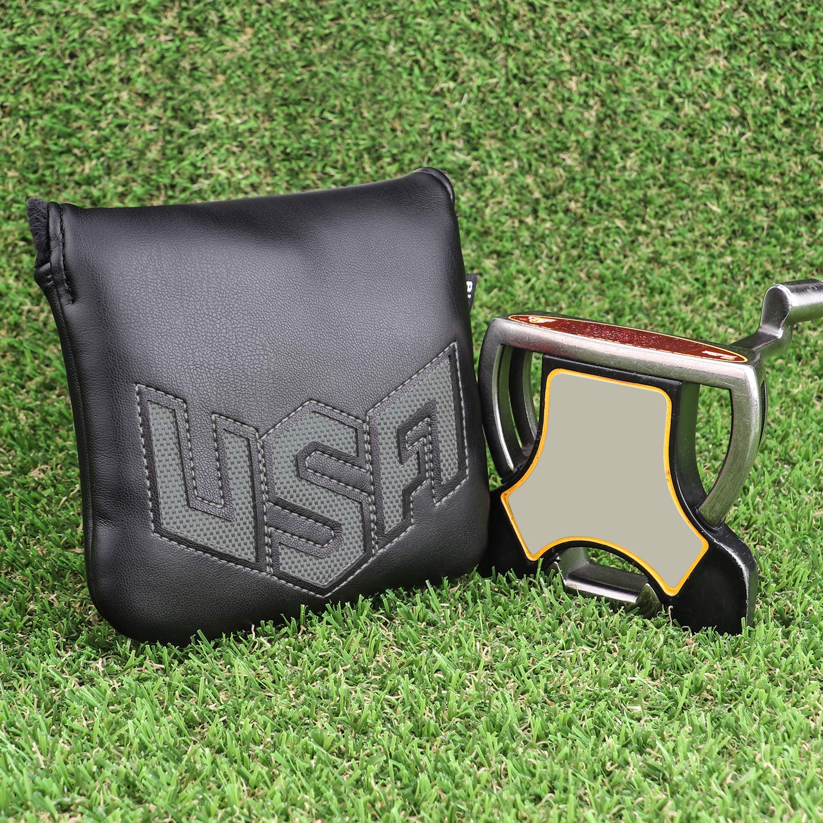 Golf Head Covers Mallet Square/Half Mallet Putter Golf Club Protector USA Pattern Fit for RH (Heel Shaft-Red)