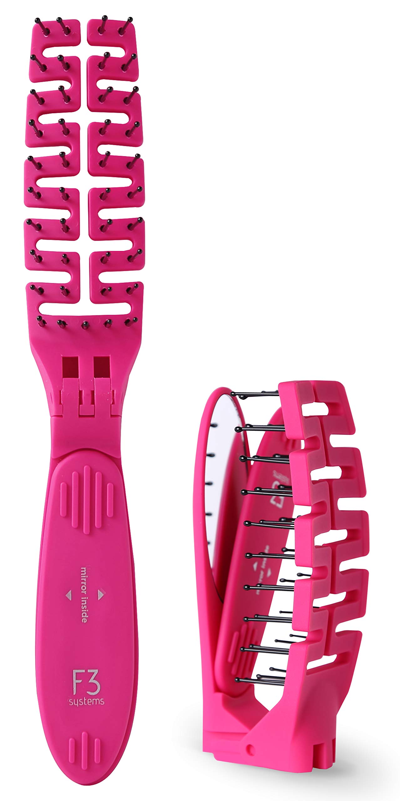 F3 Systems Folding Hair Brush with Mirror, Travel Folding Brush, Compact for Storage, Hair Brush Detangling Comb for Adult and Kids, Portable & Pocket Brush with Mirror, Healthy Shine, Wet & Dry Hair