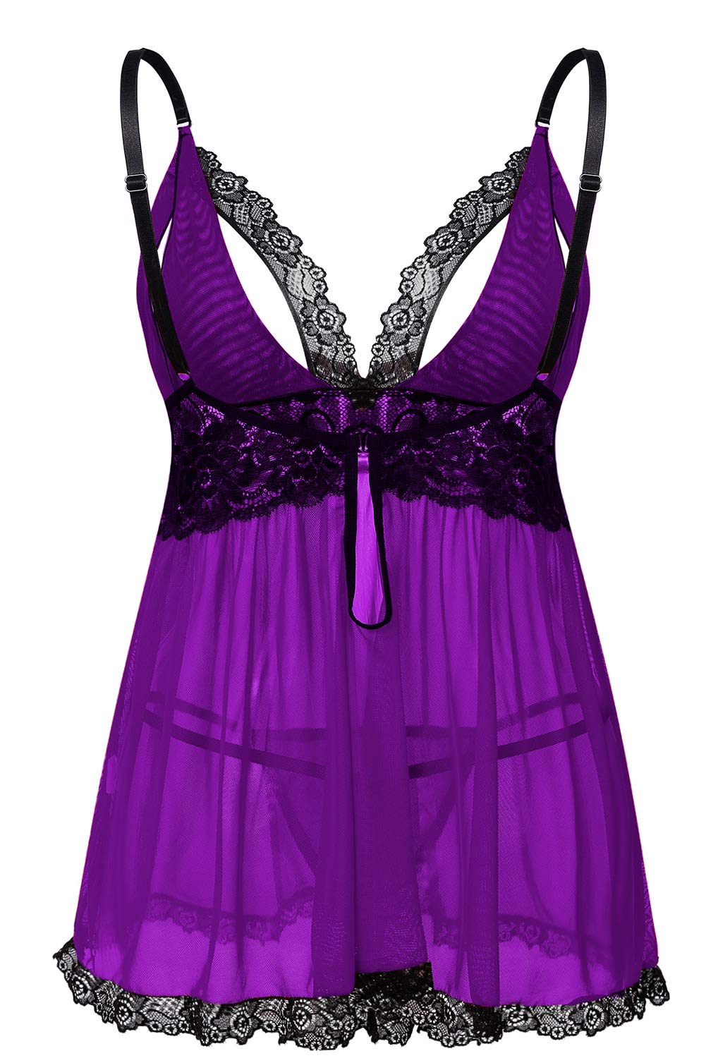 Donnalla Women's Sexy Plus Size Lingerie - Split Cup Lace Babydoll Sleepwear Chemise Set (Purple,XXL)