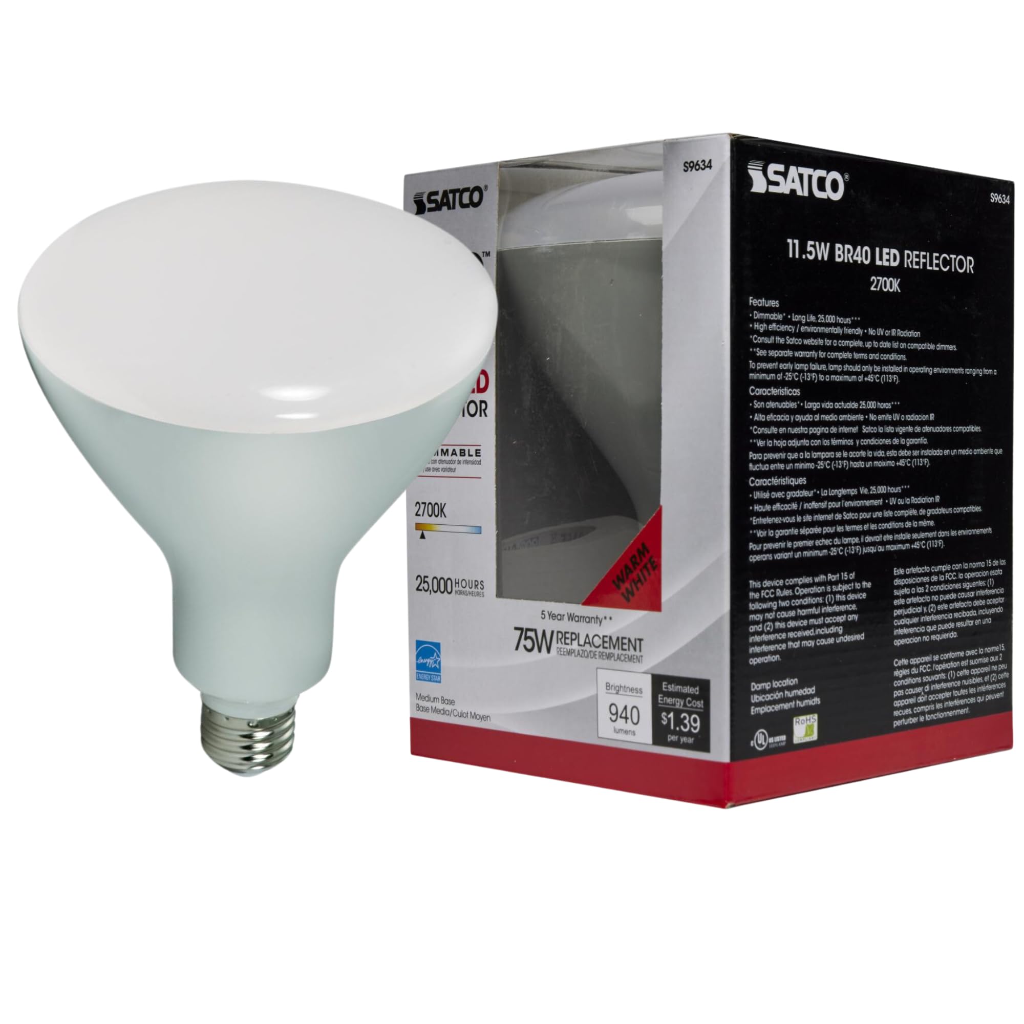 Satco S9634 11.5W BR40 LED Bulb – 2700K Warm White, 940 Lumens, 103° Beam Angle, Dimmable, Medium Base (6 LED Bulbs)