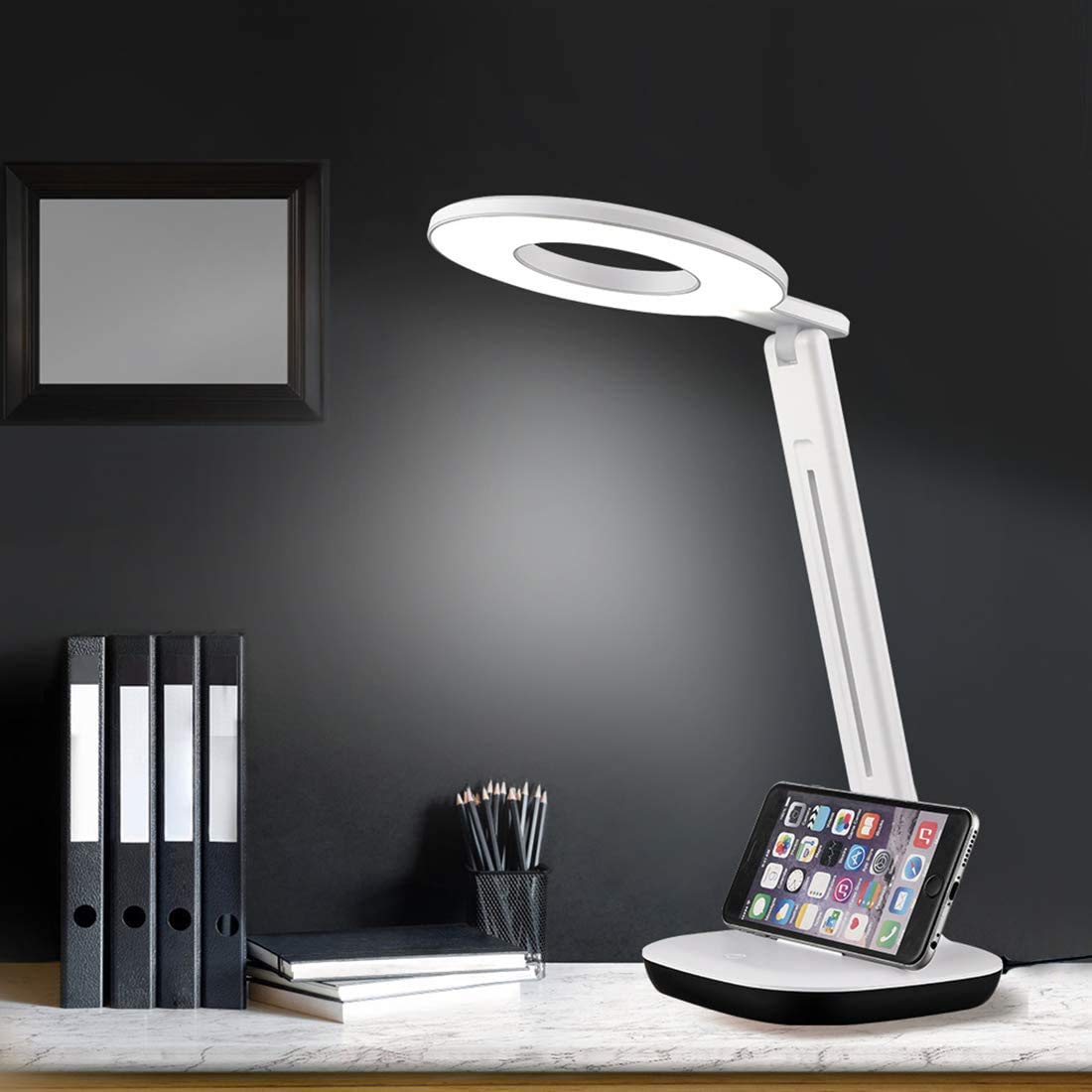 Fugetek LED Round Desk Table Lamp, Eye-Caring Dimmable, 54 Recessed LEDs, One Touch Sensor Panel, 3 Lighting Modes, Adjustable Angles, for Office, Home, Dorm, White