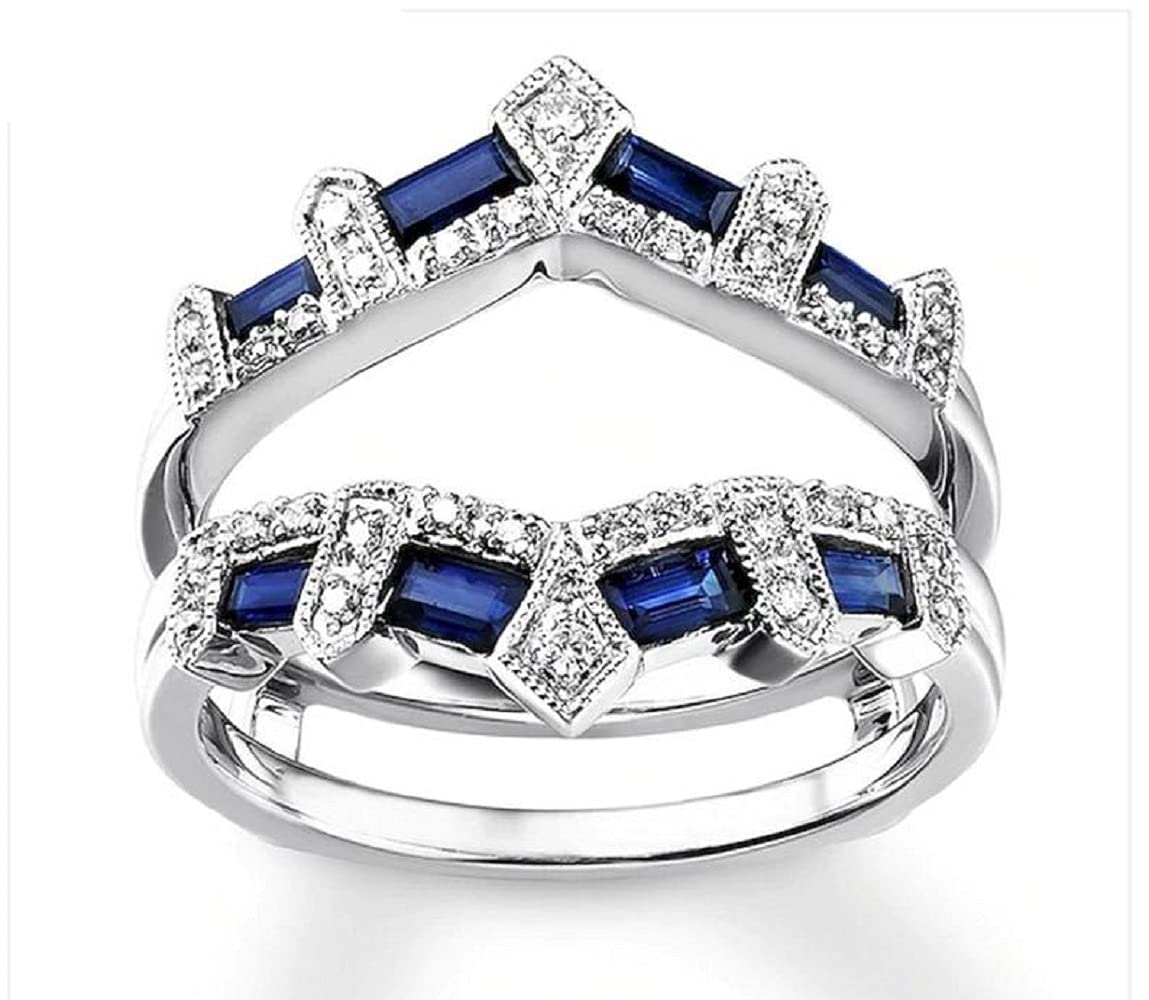 Emerald & Round Cut Created Blue Sapphire & Simulated Diamond Enhancer Wrap Wedding Band Ring For Women In 14k White Gold Plated 925 Sterling Silver (7.5)
