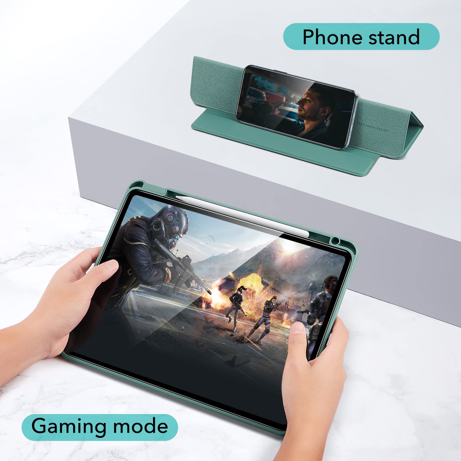 ESR Hybrid Case Compatible with iPad Pro 12.9 Inch 2021/2020/2018 (5th/4th/3rd Generation) with Pencil Holder, Detachable Magnetic Case, Hard PC Back Cover, Auto Sleep/Wake, Rebound Series, Green