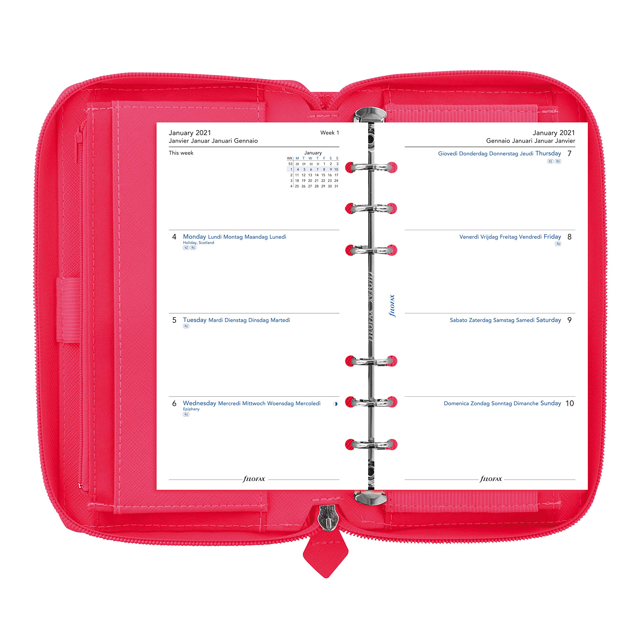 Filofax 2021 Saffiano Zip Fluoro Pink - Personal Compact, Zip Closure, 6 Rings, Includes Week On 2 Pages Calendar Diary, Multilingual (C028751-21)