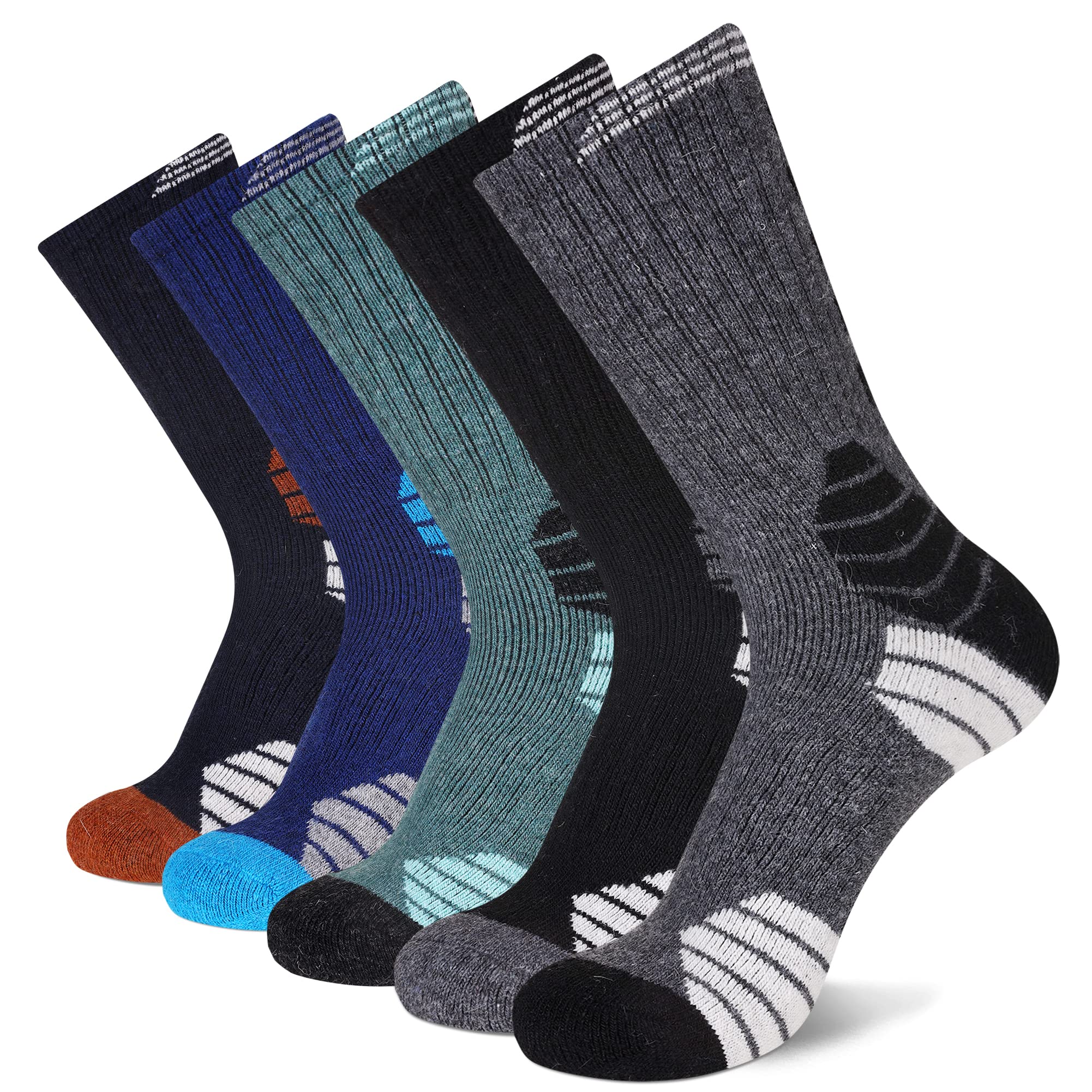 Eyean Mens Hiking Socks Merino Wool Winter Thick Thermal Warm Boot Cozy Cushion Work Socks 5 Pairs (Multicolor A)