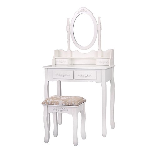 Vanity Table and Chair Set, Makeup Dressing Table with 360-degree-rotating Mirror and 4 Drawers, Thick Padded Stool, Vanity Table and Chair Set with Mirror and 4 Drawers for Girls Women Gift, White