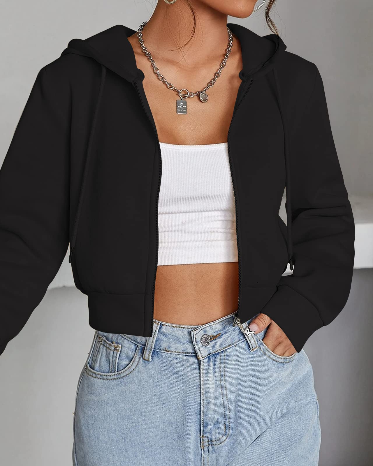 Fessceruna Women Crop Tops Zip Up Hoodies Drawstring Casual Long Sleeve Basic Cropped Sweatshirt Black