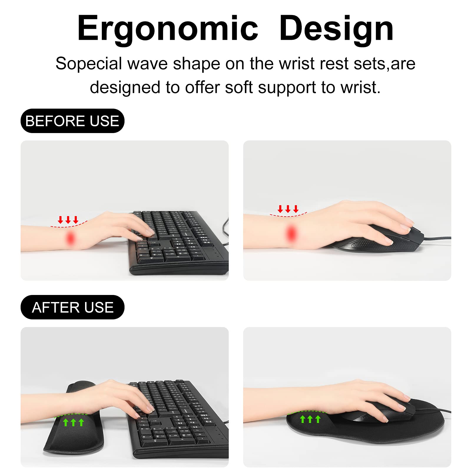 Epoch-Making Keyboard Wrist Rest Mouse Mat Set, Ergonomic Memory Foam Keyboard Gel Wrist Support Mouse Mat with Rubber Base Non Slip for Computer Laptop Working Gaming