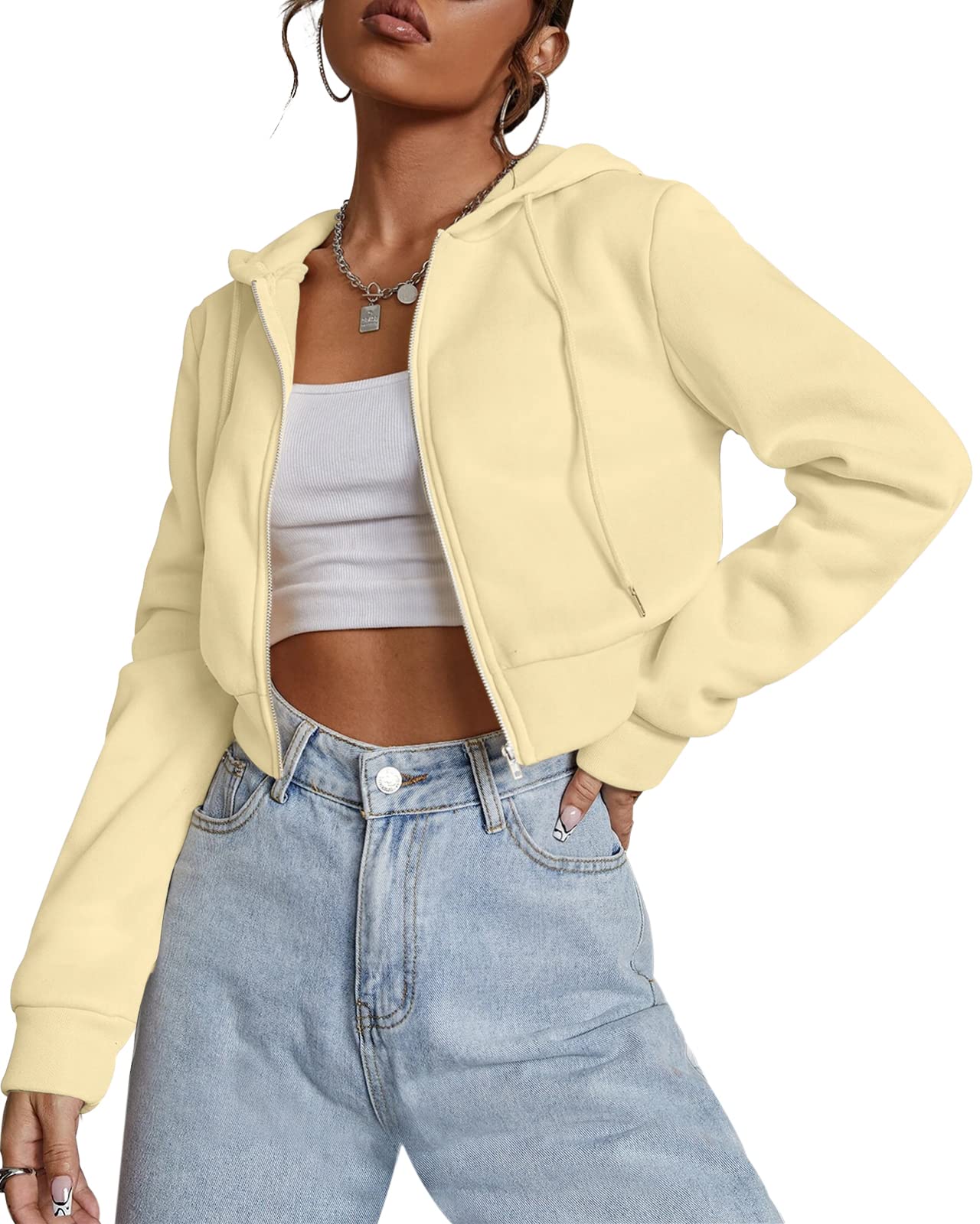 Fessceruna Women Hoodies Zip Up Drawstring Casual Long Sleeve Basic Cropped Sweatshirt