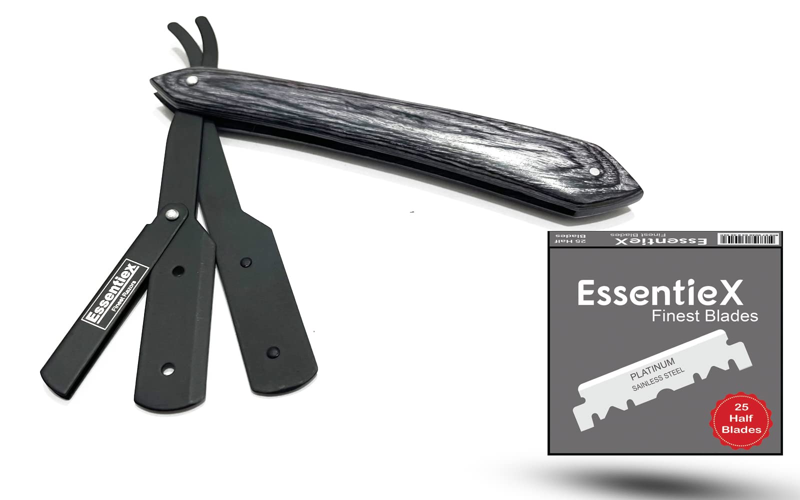 EssantieX Barber Stright Edge Razor For Men Satinless Steel With 25 Half Baldes⦠(Black Head Wood Handle)