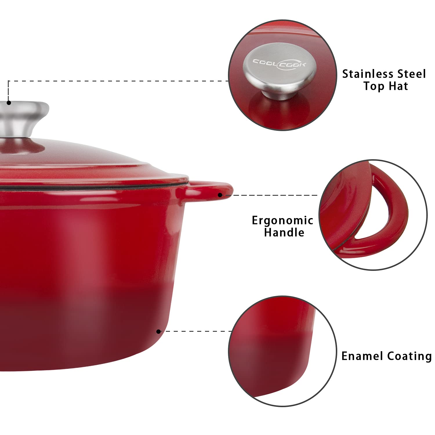 Enameled Cast Iron Dutch Oven, 2.6QT COOLCOOK Enameled Cast Iron Pot, Multifunctional Kitchen Cookware with Lid, Red