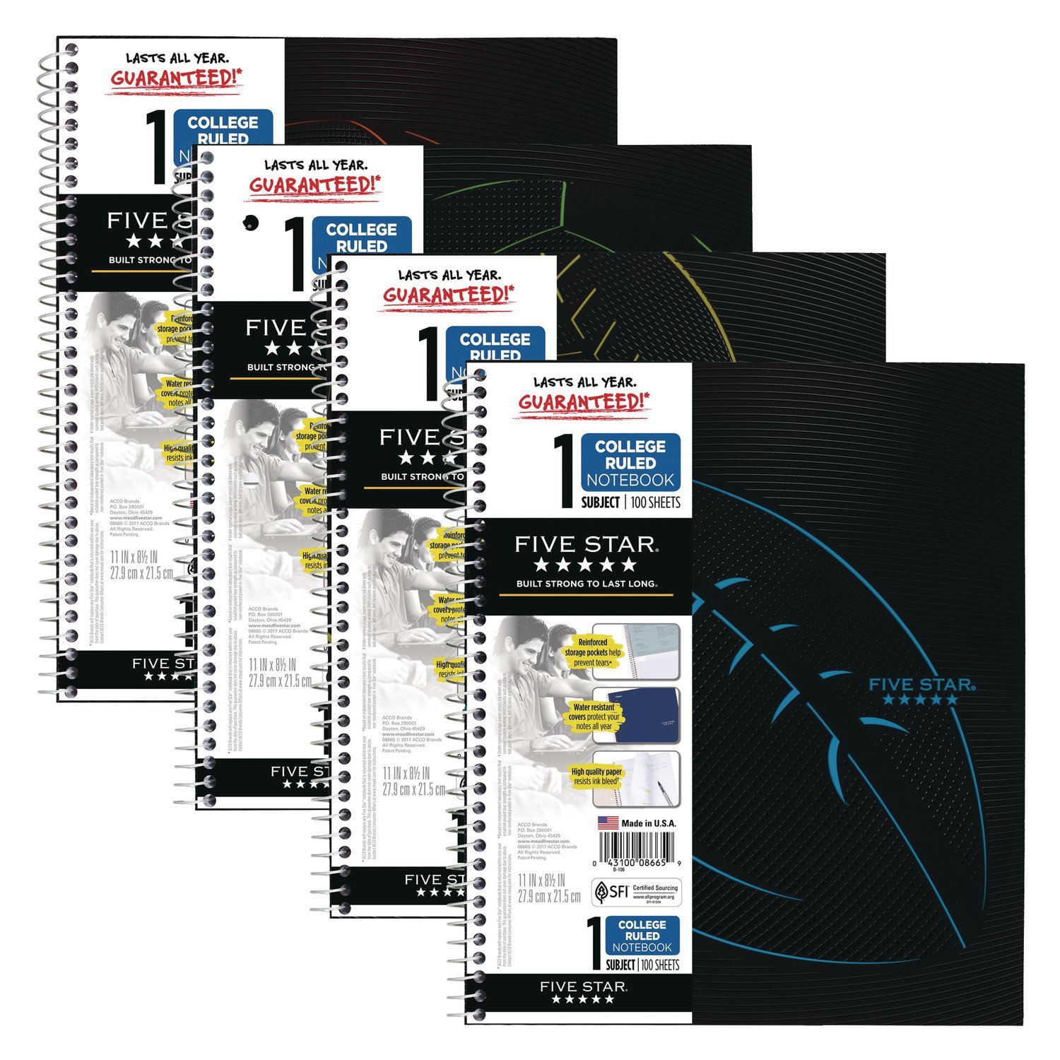 Five Star Spiral Notebooks, 1 Subject, College Ruled Paper, 100 Sheets, 11" x 8-1/2", Sports, 4 Pack (38206)