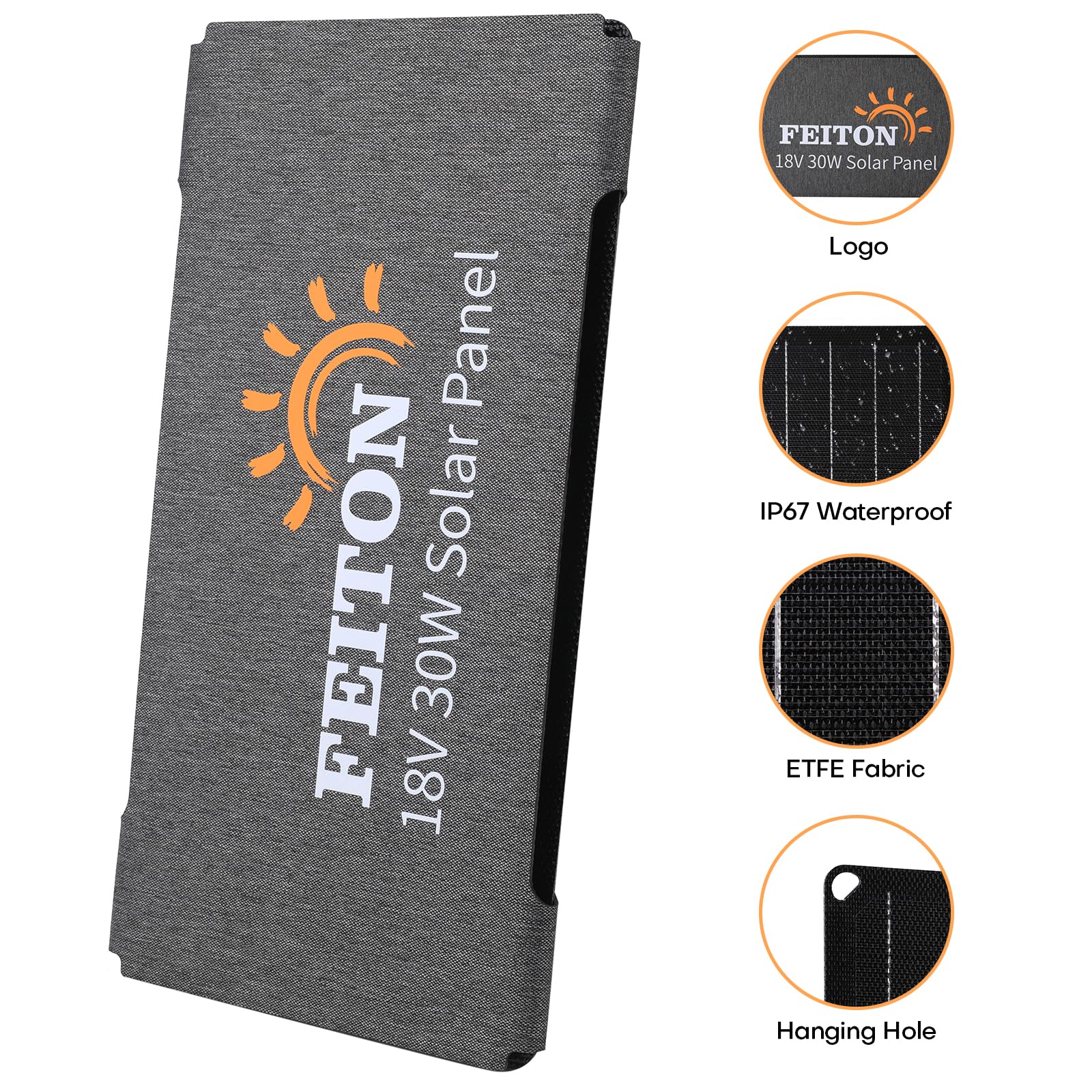 FEITON Foldable Solar Panel Kit, USB Ports & DC Output, 18V 30W IP67 Waterproof High Efficiency Mono-crystalline Silicon Solar Panel Portable for Camping, Hiking, RV, Fishing, Climbing, Outdoor
