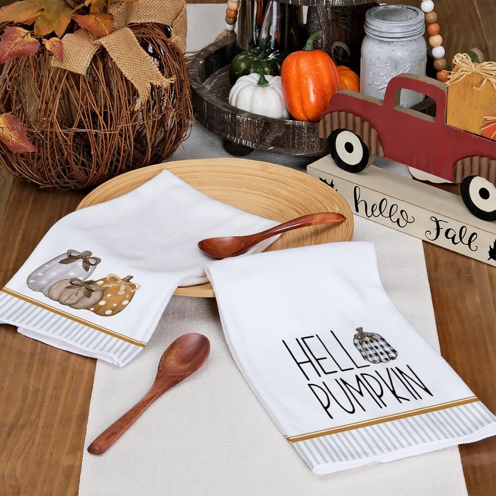 GEEORY Fall Kitchen Dish Towels Set of 2 for Fall Decor,Hello Pumpkin Beige Plaid Bowknot Orange Printed Pumpkin 18x26 Inch Drying Dishcloth,Farmhouse Home Decoration GD107