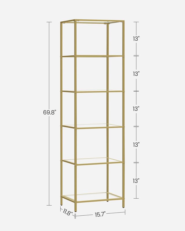 VASAGLE Bookcase, 6-Tier Bookshelf, Slim Shelving Unit for Bedroom, Bathroom, Home Office, Tempered Glass, Steel Frame, Gold Color ULGT500A01