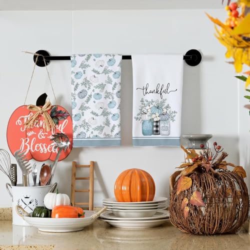 GEEORY Fall Kitchen Dish Towels Set of 2 for Fall Decor,Hello Pumpkin Blue Buffalo Plaid Printed Pumpkin 18x26 Inch Drying Dishcloth,Farmhouse Home Decoration GD118