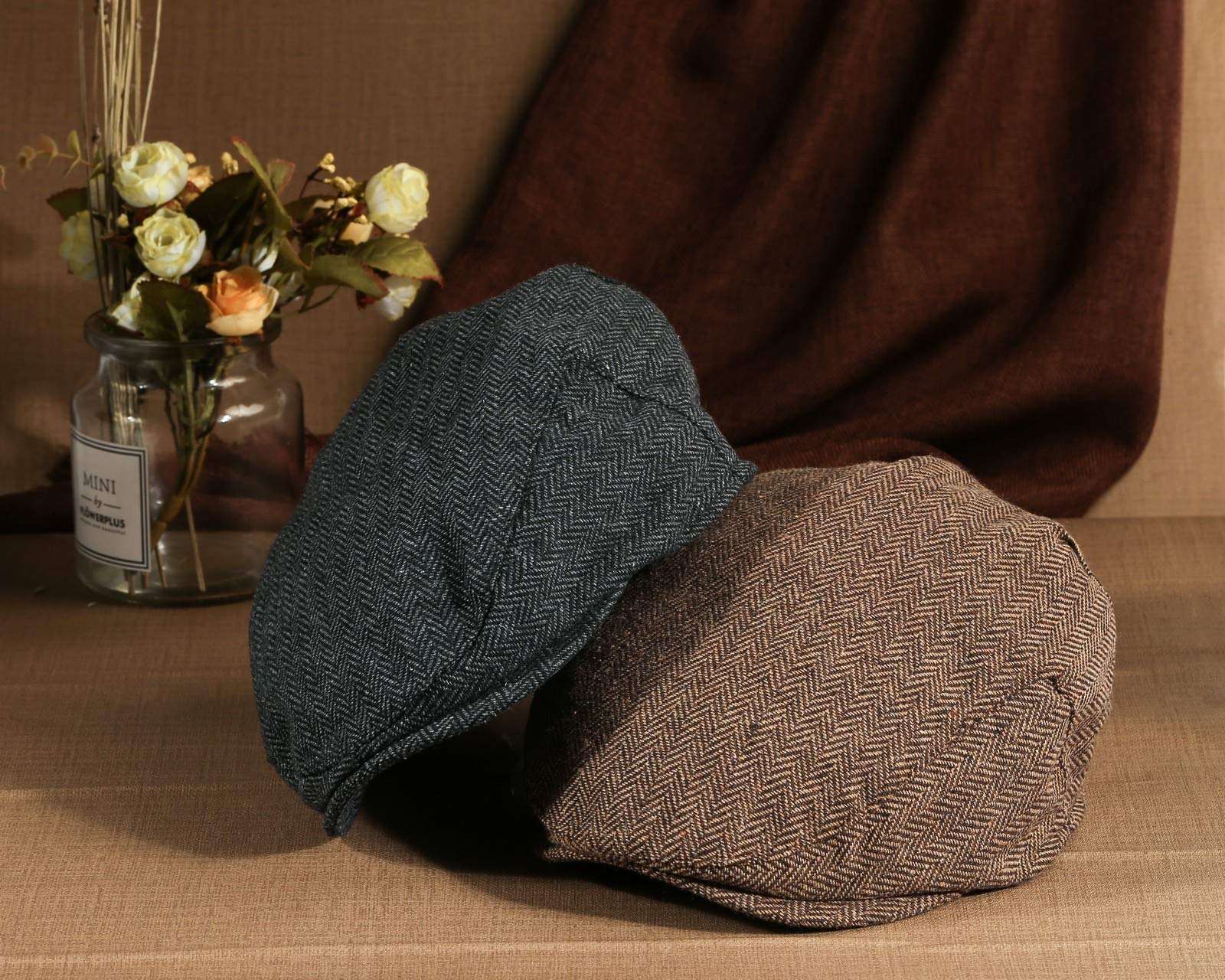 FALETO Men's Herringbone Wool Blend Flat Ivy Newsboy Hat Gatsby Cabbie Cap