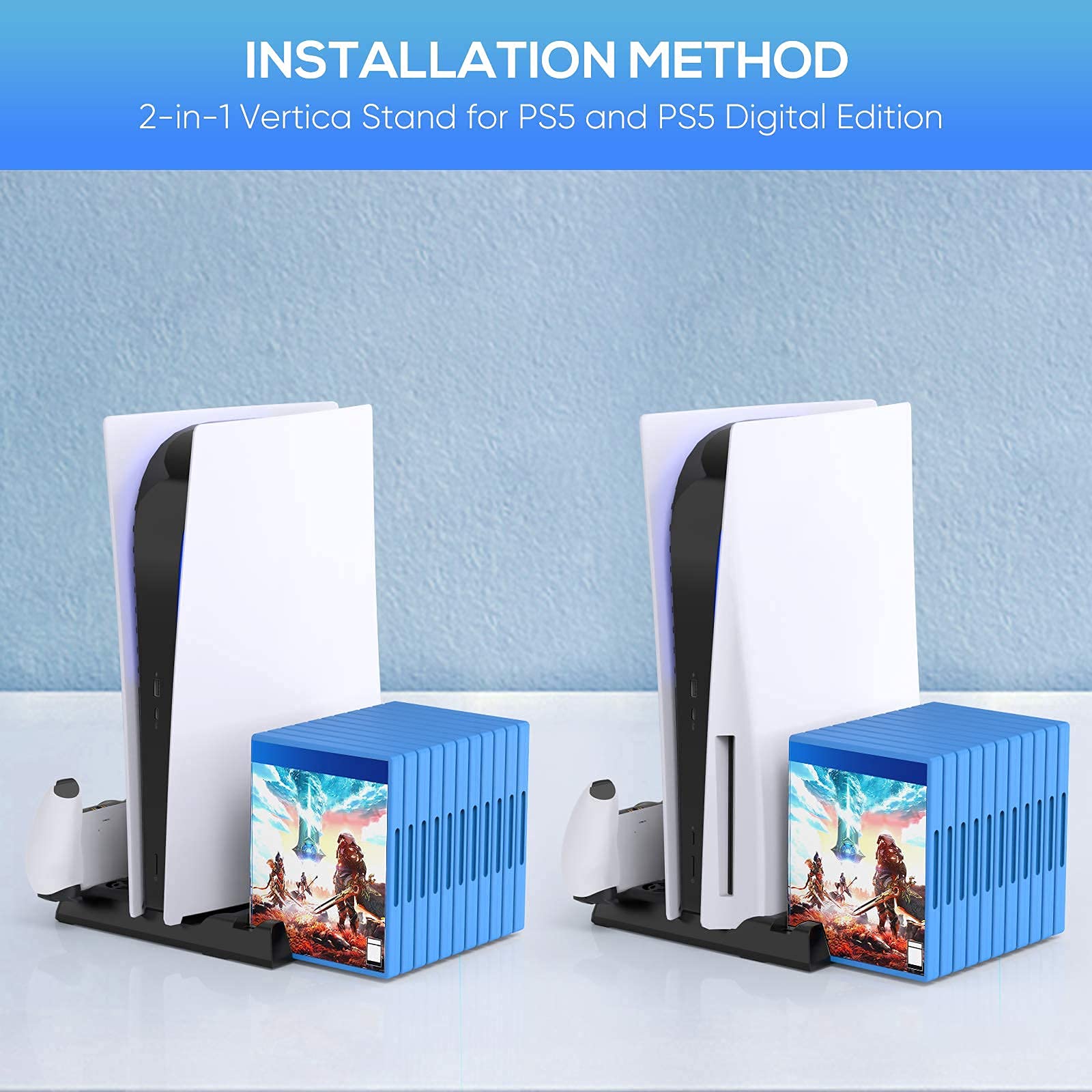 FASTSNAIL Vertical Stand with Cooling Fan&Controller Charger for PlayStation 5, Dualsense Controller Charging Station for Sony PS5/PS5 Digital Edition, Includes Extra 11PCS Video Game Organizer