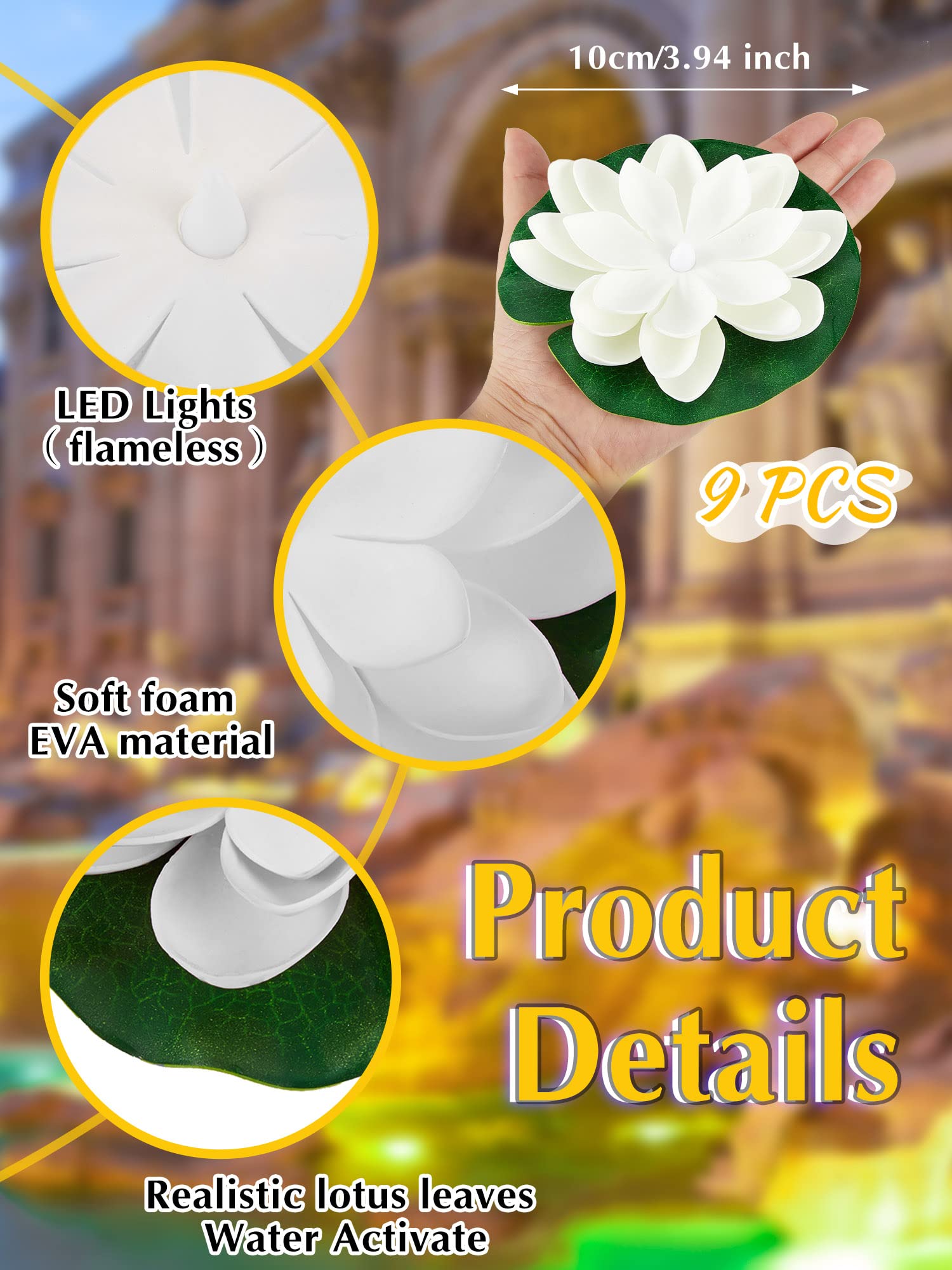 Hortsun 9 Pack Floating Pool Lights Lotus Flower Lantern Artificial Foam LED Lifelike Pool Lights Battery Operated Pool Lantern Pond Decoration(White, Yellow Light, 3.94 Inch)