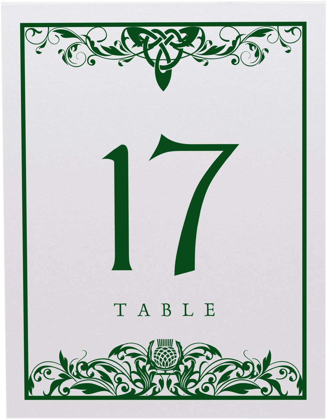 Scottish Thistle Wedding Table Numbers (Select Color/Quantity), White, Hunter Green, 1-40, Double Sided, Tent or Use in a Stand, Great for Parties & Restaurants