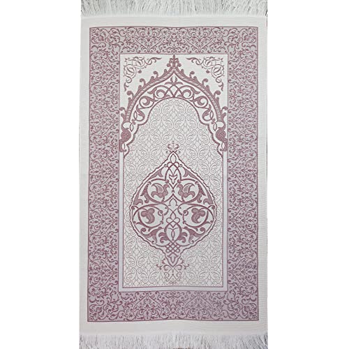 Modefa Islamic Prayer Mat Thin Woven Chenille and Taffeta Turkish Sajadah Intricate Design Metallic Ottoman Mat (White/Blue + White/Pink)