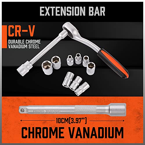 HORUSDY 12-Pieces 1/4β Ratchet Socket Wrench Set, Drive Socket Set, 4mm -13mm Sockets and, Quick Released Ratchet Handle and 10 cm Extension Bar