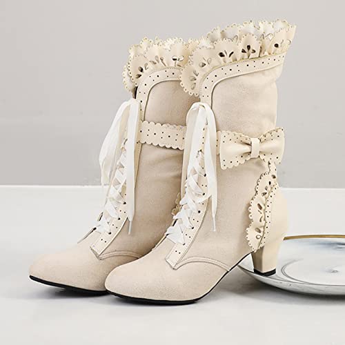 FASDNENDYS Womens Shoes Plus Size Lace Bow High Thick Heel Front Lace Up Plus Size Womens Inflatable Boot Beige
